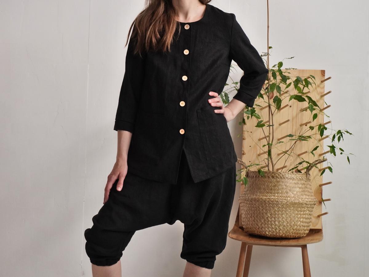 Damen Leinen-Boho-Anzug, Leinenjacke und Haremshose | Meetralinen.com