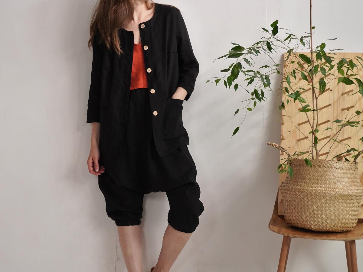 Damen Leinen-Boho-Anzug, Leinenjacke und Haremshose | Meetralinen.com